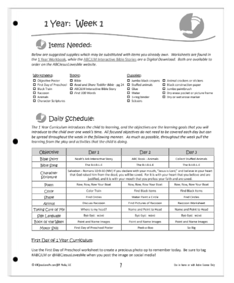 1 Year Curriculum Guide | ABCJesusLovesMe